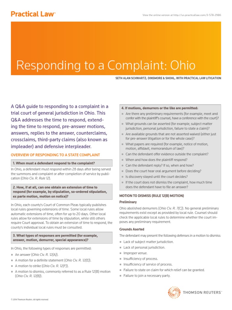 Responding To A Complaint in Ohio | PDF | Pleading | Demurrer