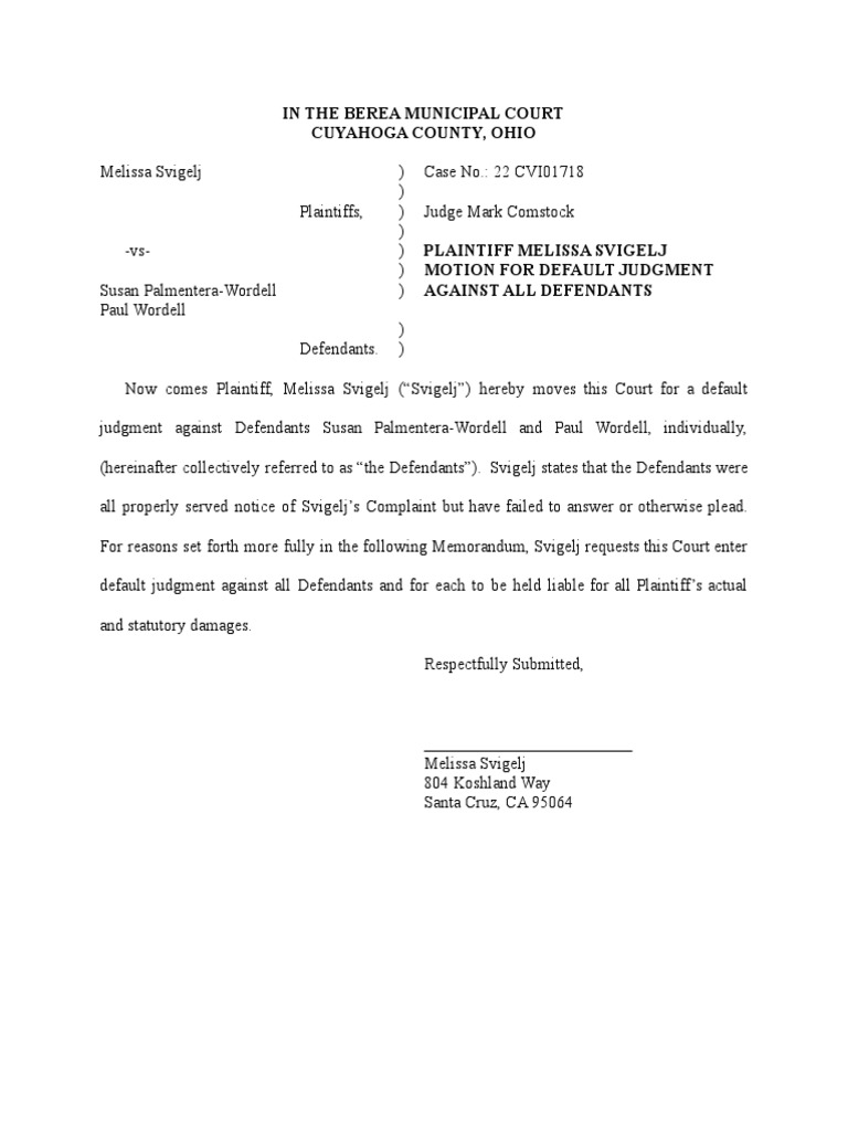 Plaintiff Motion For Default Judgment Not Notarized | PDF | Default ...