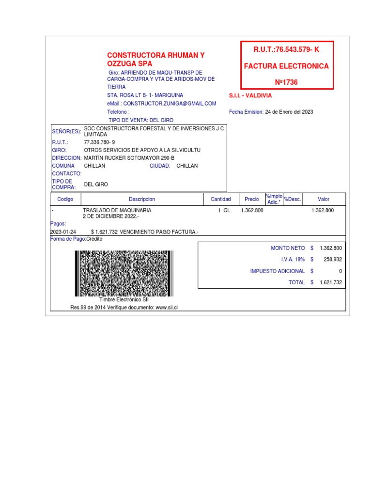 Factura N°1736 SOC CONSTRUCTORA FORESTAL Y DE INVERSIONES J C | PDF | Factura | Comercio