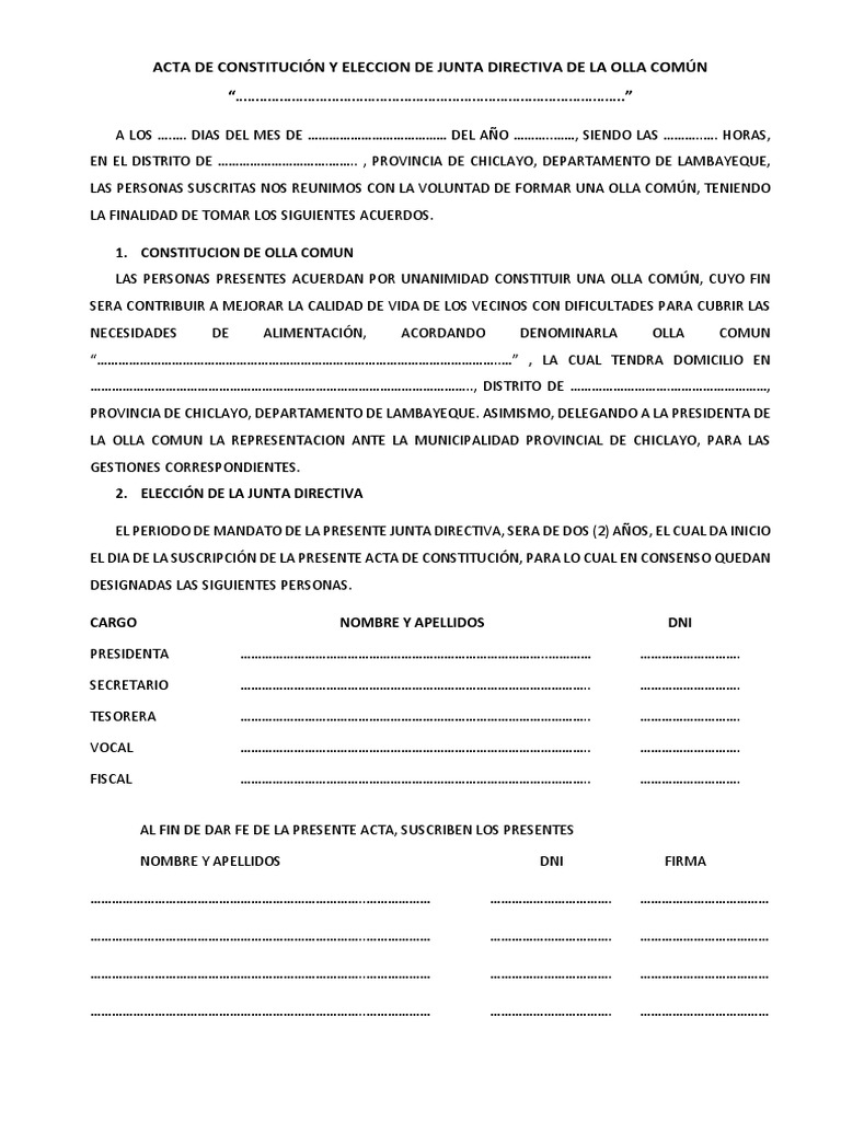 Acta de Constitución y Eleccion de Junta Directiva de La Olla Común | PDF