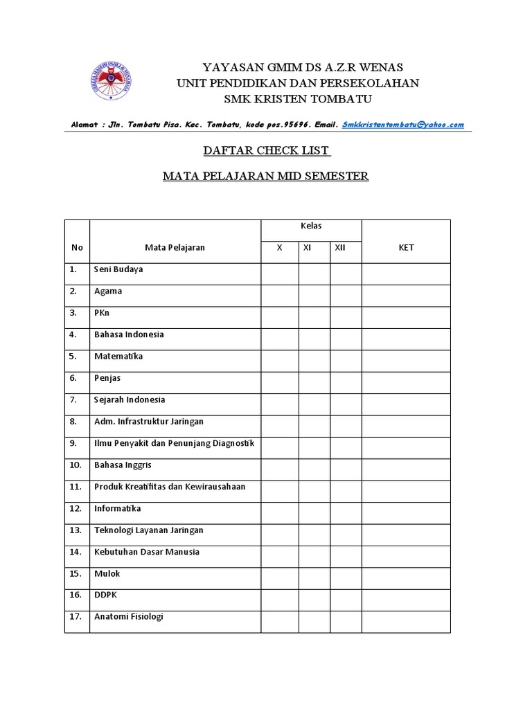 Daftar Checklist Mapel | PDF
