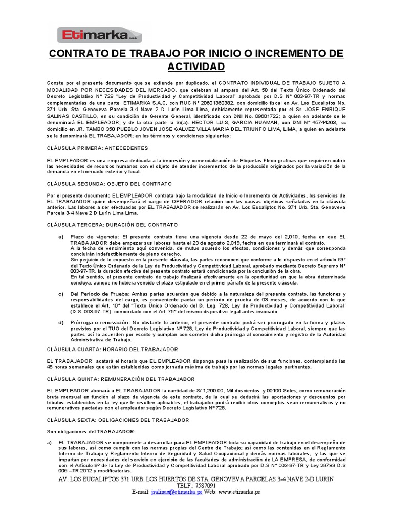 CONTRATO INDIVIDUAL DE TRABAJO 2019 Hector | PDF | Derecho laboral | Economias