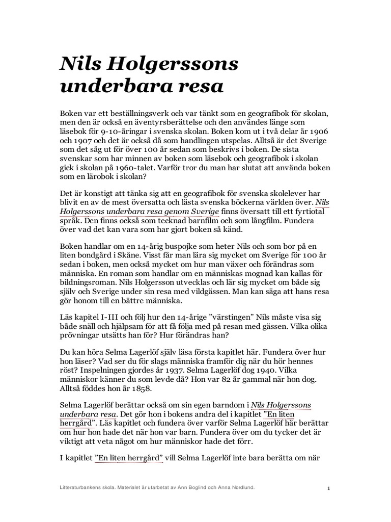 Nils Holgerssons Underbara Resa Genom Sverige | PDF