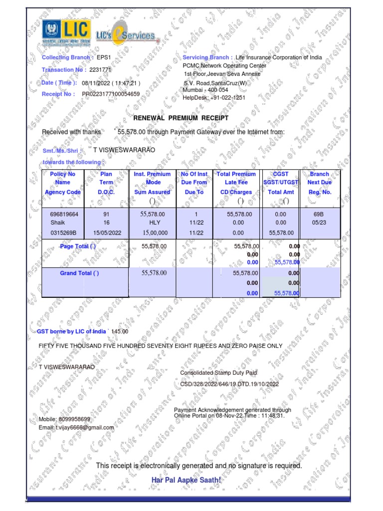 LIC Recipt. | PDF | Services (Economics) | Payments