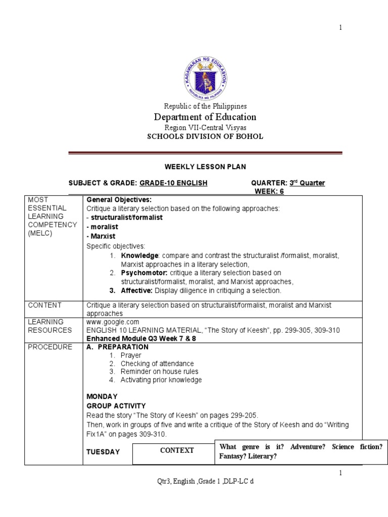 Prototype - Lesson Plan - English 10 Q3 Week 6 | PDF | Narrative | Karl Marx