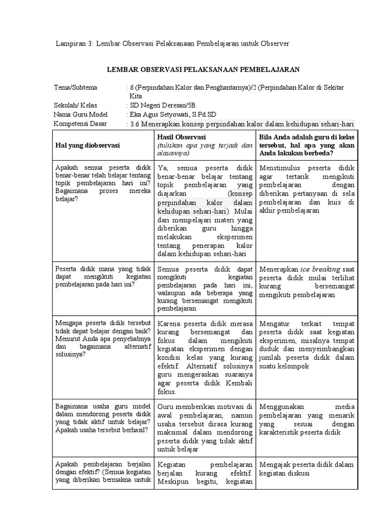Lampiran 3 - Format Lembar Observasi Pelaksanaan Pembelajaran Untuk Observer | PDF