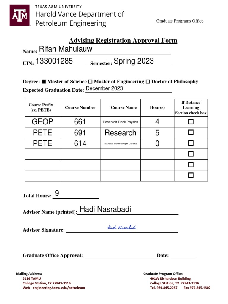 Advising Registration Approval Form HN S23 | PDF