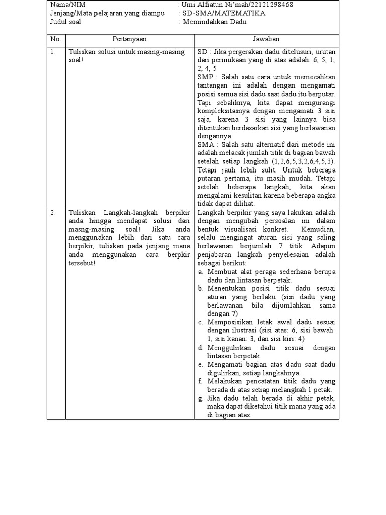 Posisi Angka pada Dadu dalam Matematika | PDF