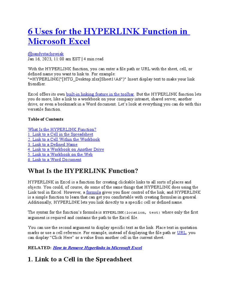 6 Uses For The HYPERLINK Function in Microsoft Excel | PDF | Microsoft Excel | Hyperlink