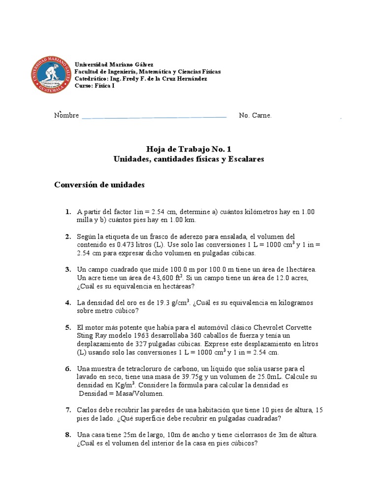 Hoja de Trabajo 1 Cantidades Fisicas y Vectores | PDF | Volumen | Vector Euclidiano