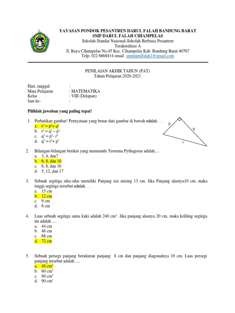 Soal PAT Matematika Kelas 8 - 2021 | PDF | Griya & Taman