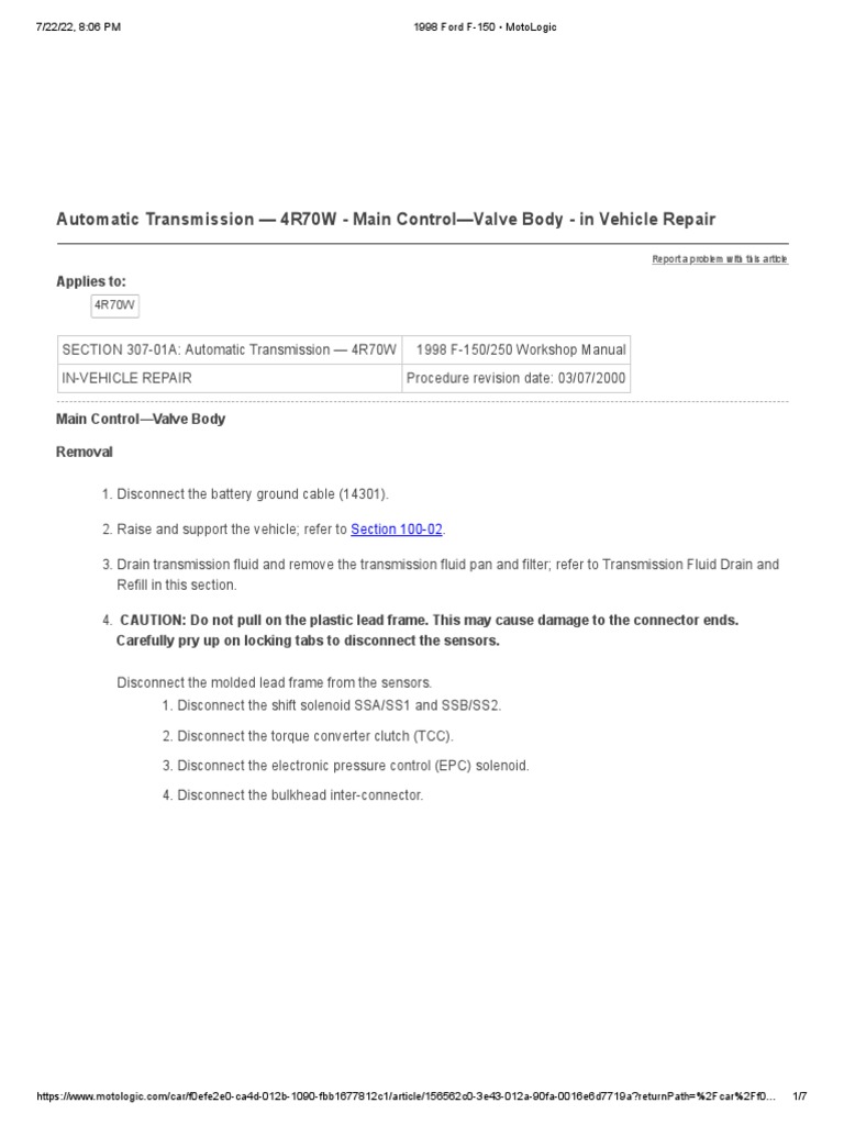 Automatic Transmission - 4R70W - Main Control-Valve Body - in Vehicle ...