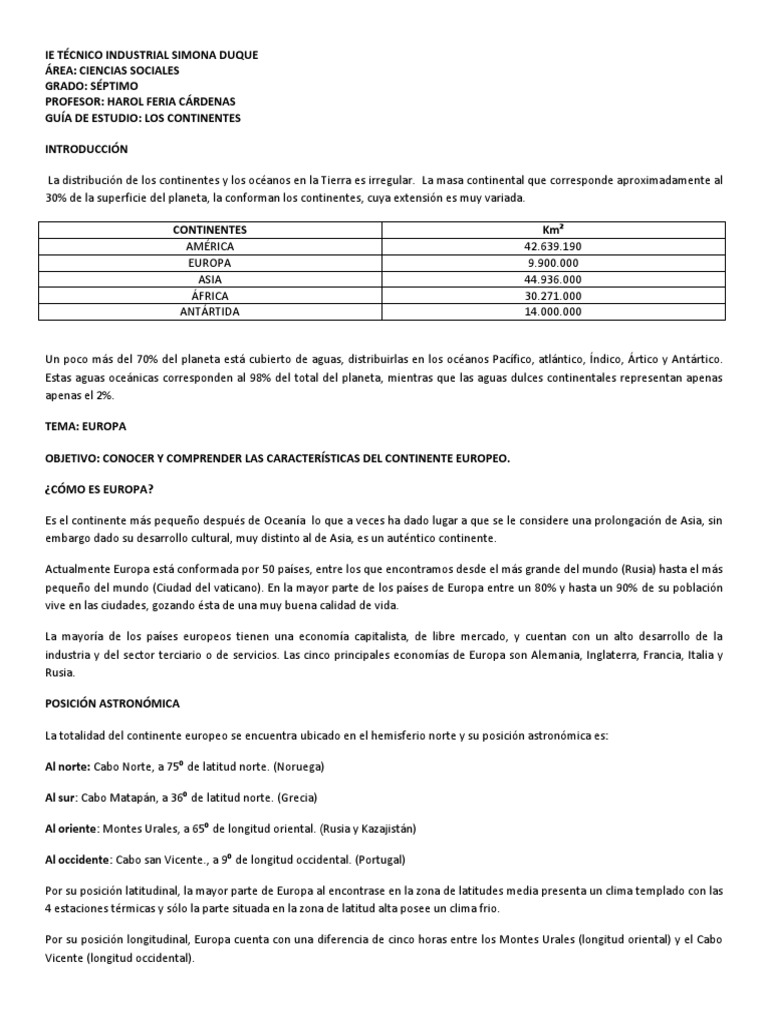 Guía de Estudio: Europa para 7° Grado | PDF | Europa | Clima