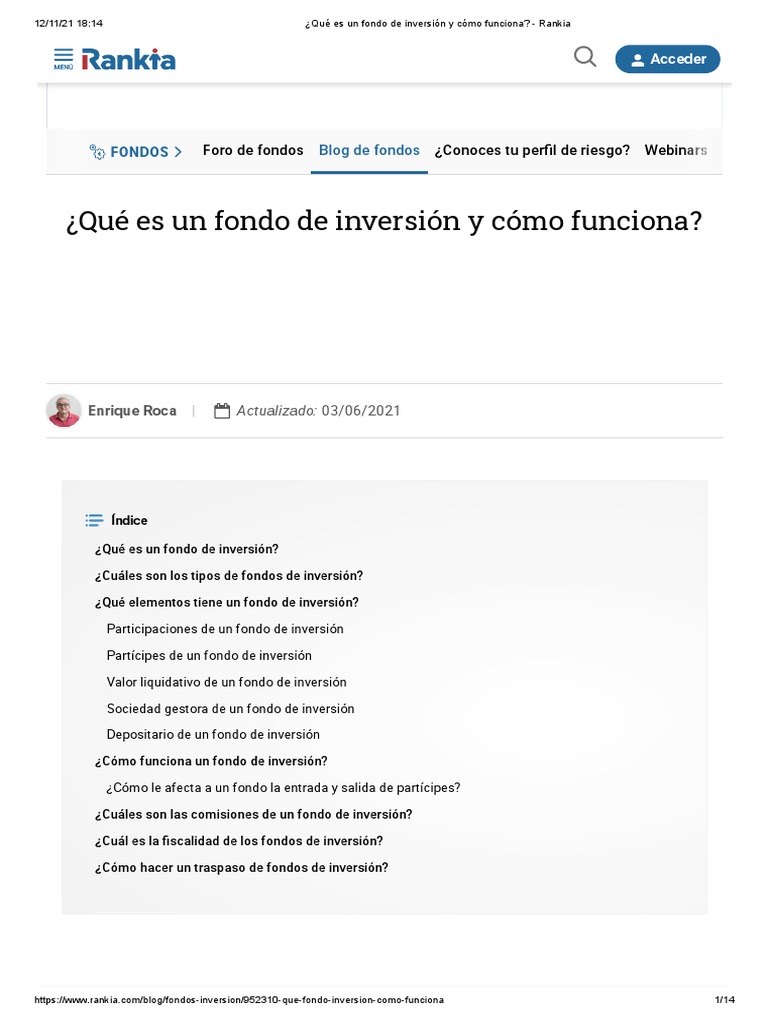 Qué Es Un Fondo De Inversión Y Cómo Funciona Rankia Pdf Fondo