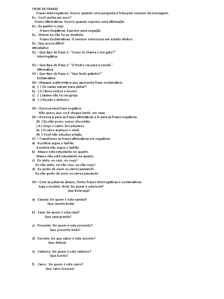 Os principais tipos de frases: interrogativas, afirmativas, negativas e ...