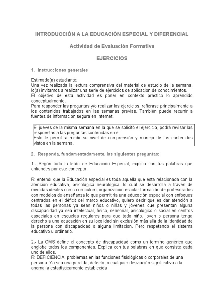 Introduccion A La Educacion Especial Ejercicio 1 | PDF