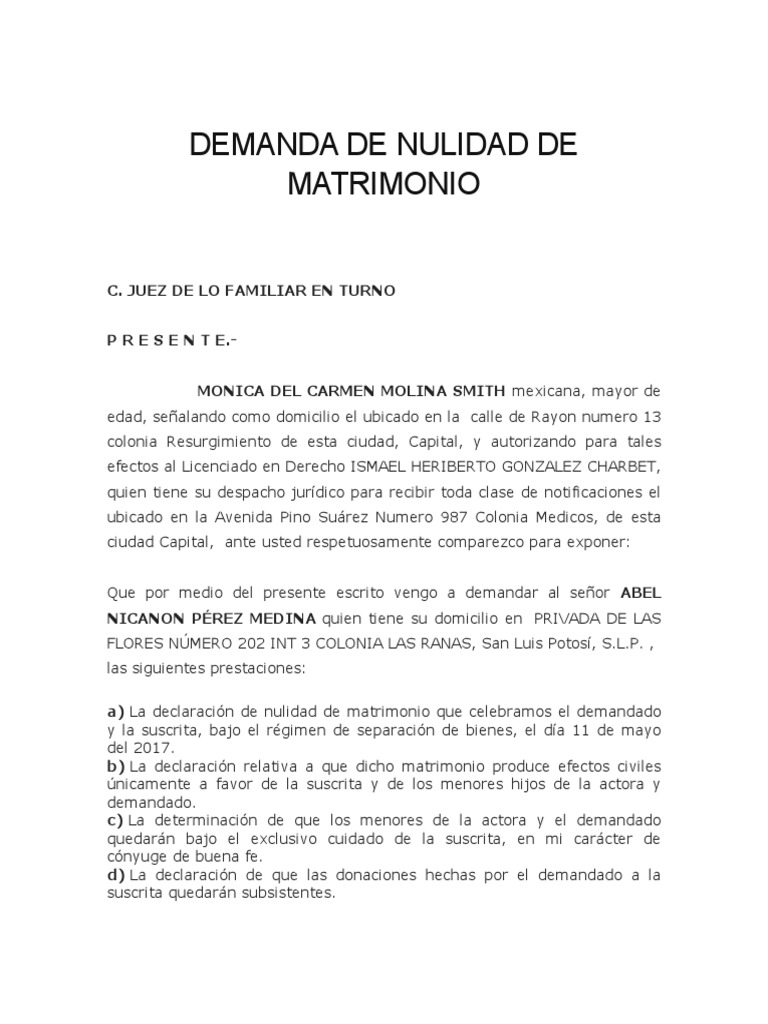 Demanda de Nulidad de Matrimonio | PDF