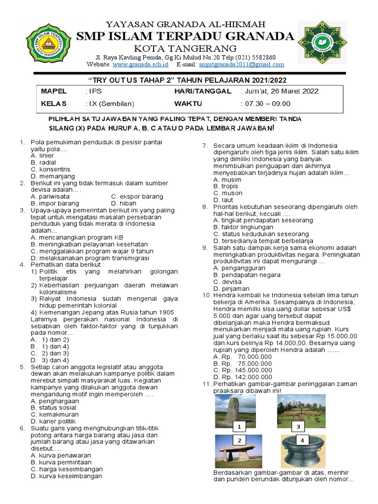 Fix - Soal Tryout Mapel Ips Kelas 9 Smpit Granada 2022 | PDF