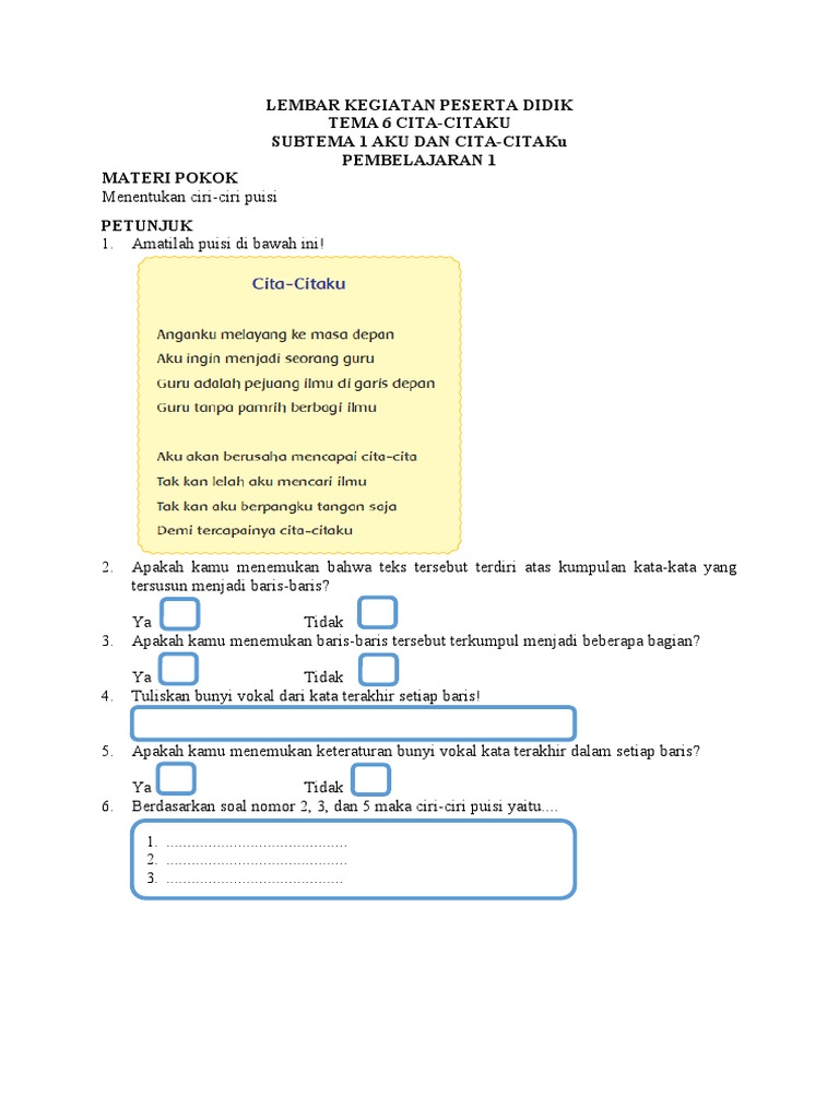 LKPD Kelas 4 Tema 6 Sub 1 Pemb 1 | PDF | Seni & Disiplin Bahasa