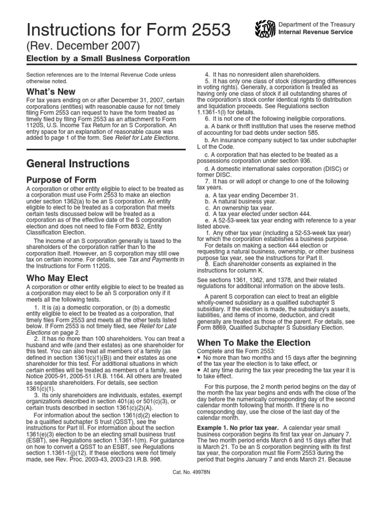 Form 2553 Instructions | S Corporation | Irs Tax Forms