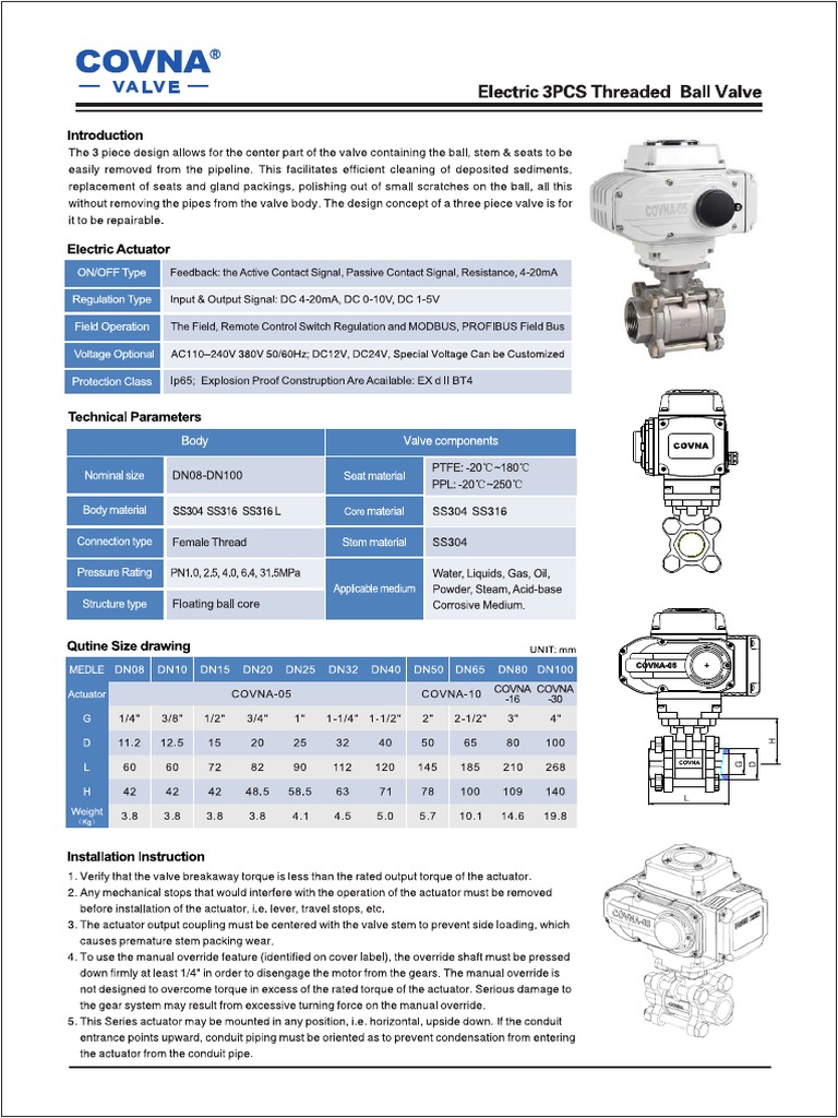 Covna Electric 3 Piece Ball Valve Catalog | PDF