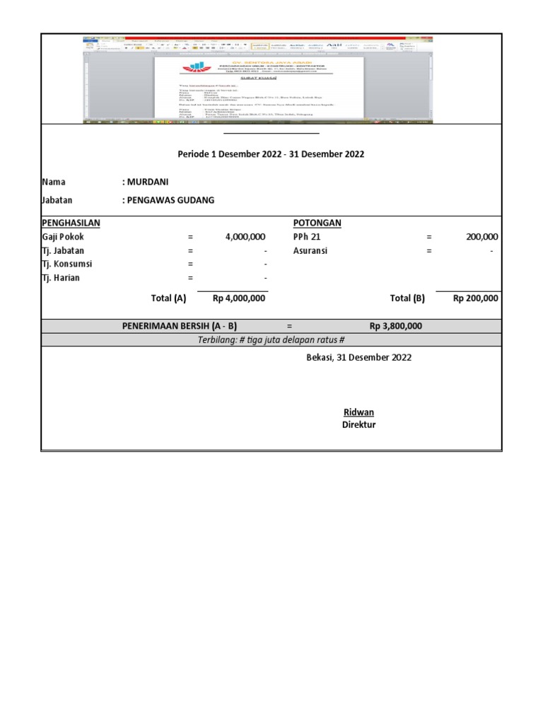 Contoh Slip Gaji Karyawan Yenni CV Sja | PDF