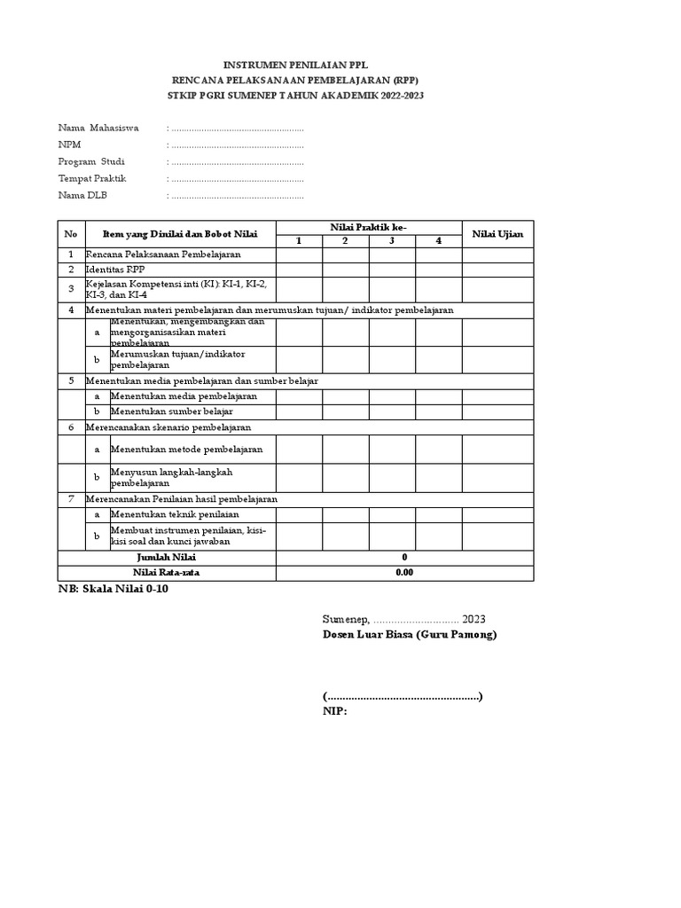 Form Nilai PPL Guru Pamong 23 | PDF