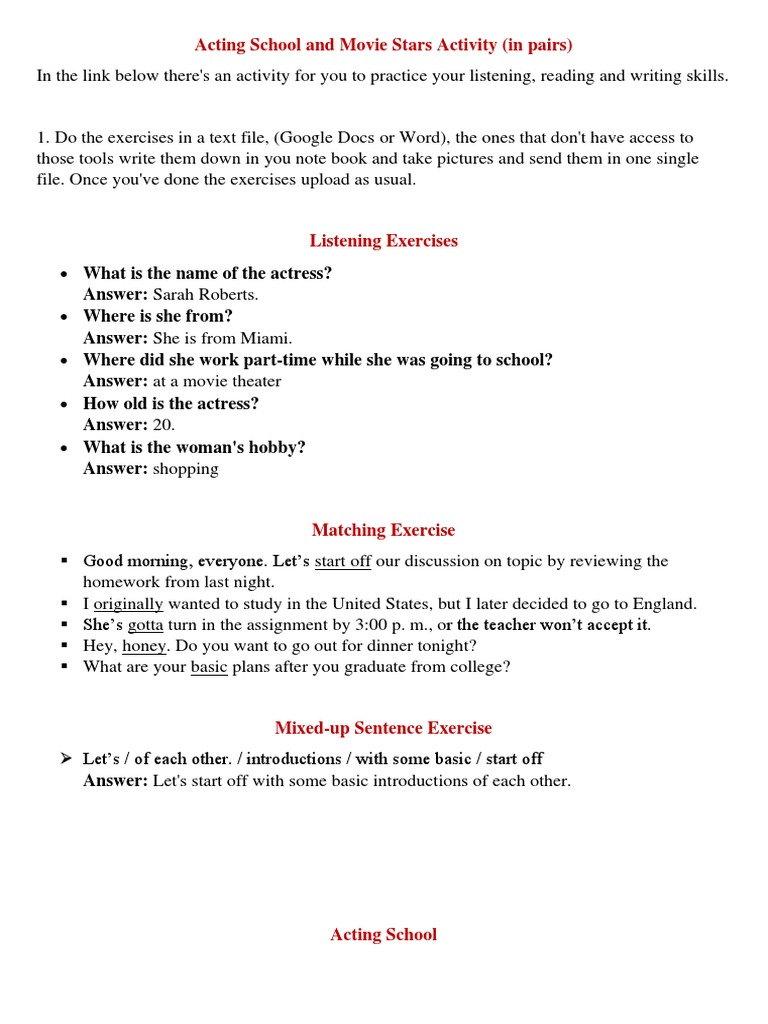 Acting School and Movie Stars Activity (In Pairs) . | PDF