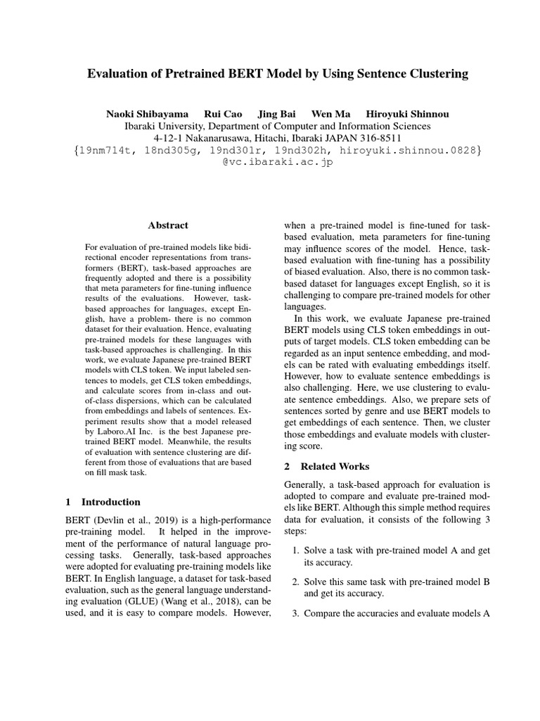 Evaluation of Japanese Pre-Trained BERT Models Using Sentence Clustering and Fill Mask Tasks ...