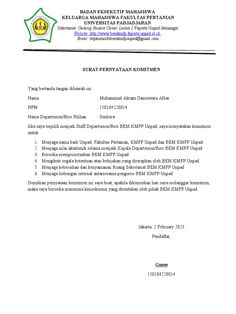Surat Komitmen BEM 2023 | PDF