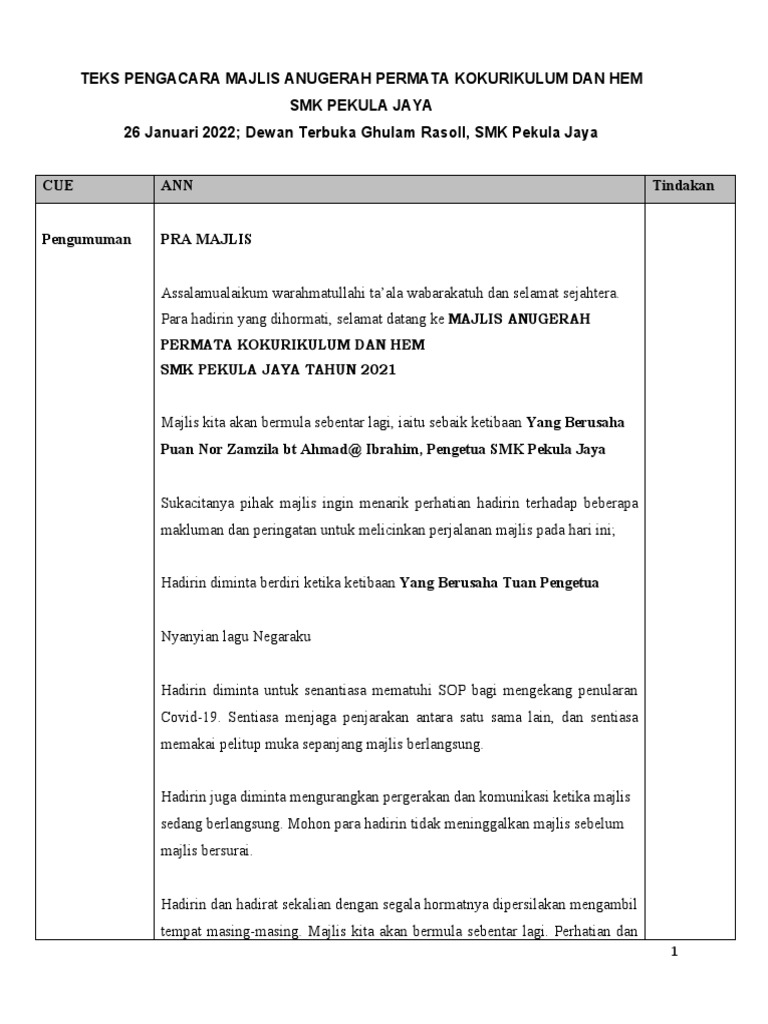 Teks Pengacara Majlis Anugerah Permata Kokurikulum Dan Hem | PDF