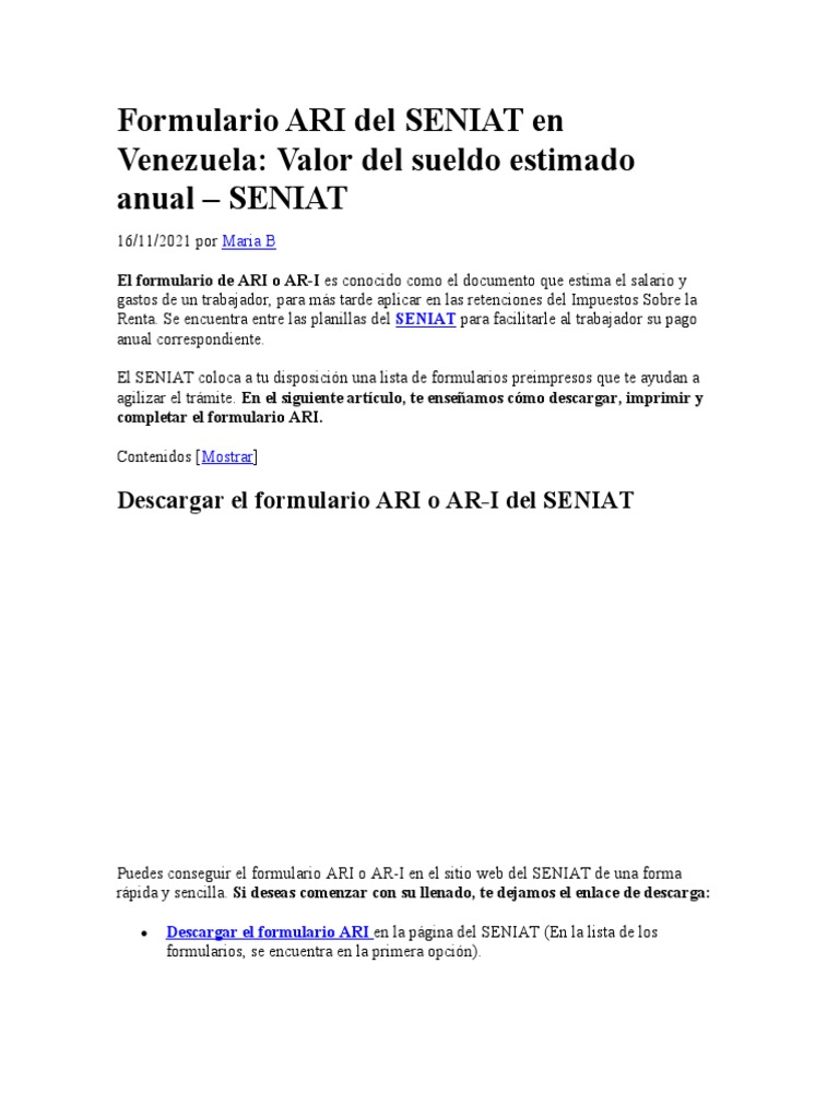 Formulario ARI Del SENIAT en Venezuela | PDF | Impuestos | Chat en linea