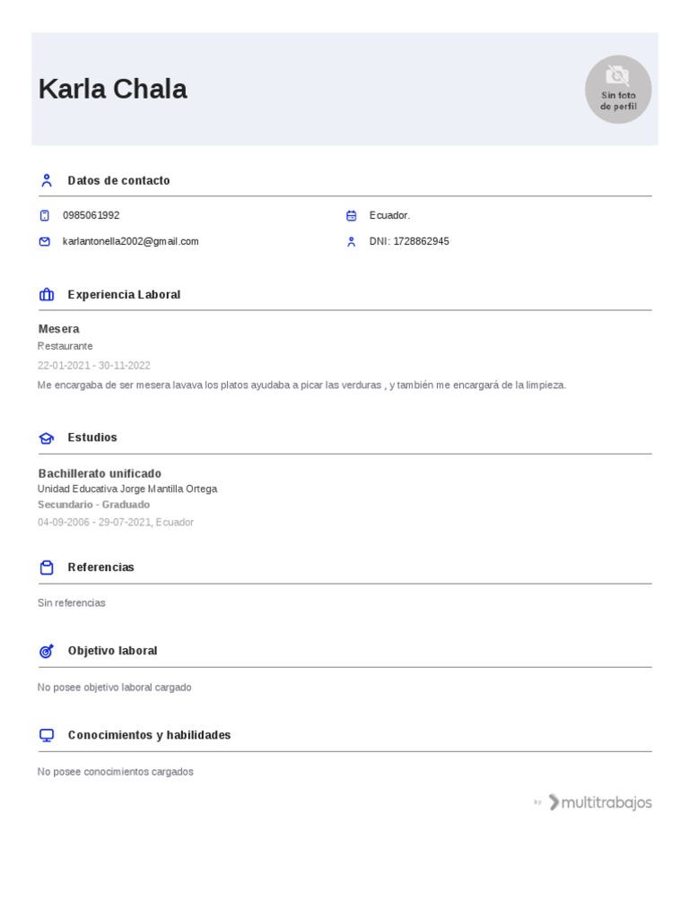Perfil Laboral de Karla Chala | PDF