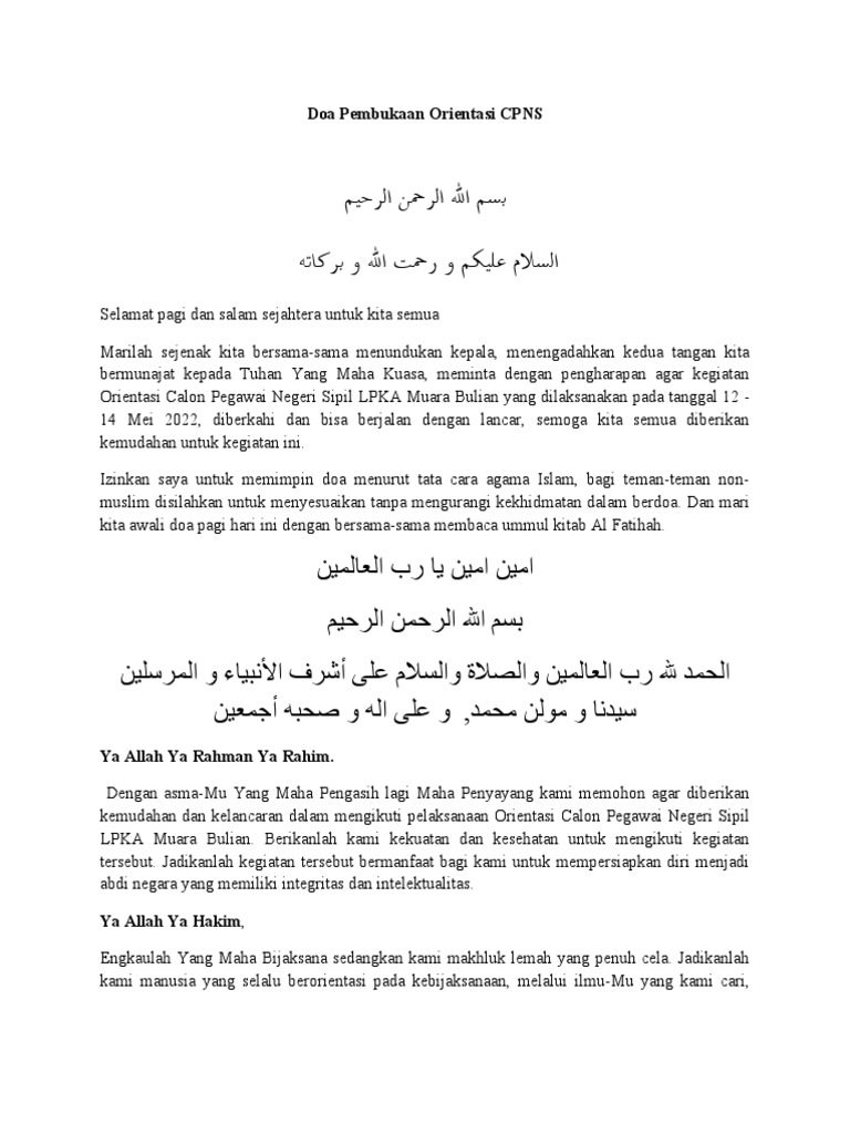 Doa Pembukaan Orientasi CPNS | PDF
