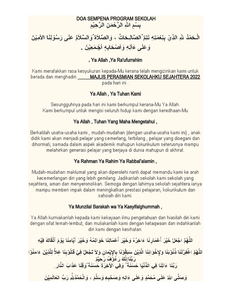 Doa Program Sekolahsekolah Sejahtera 2022 | PDF
