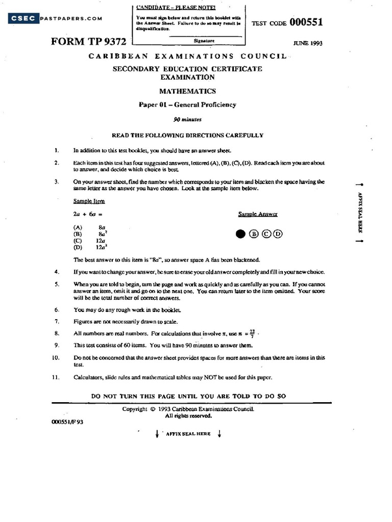 Csec Maths M.C - 1993 - 2018 | PDF