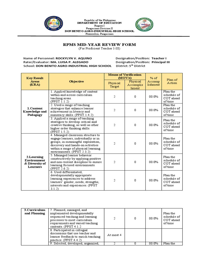 Mid Year Review Form Rocky | PDF | Educational Assessment | Curriculum