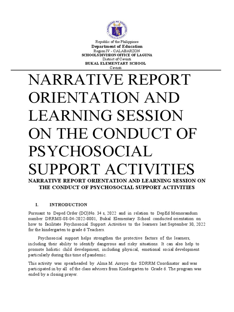 Psychosocial Support Orientation Report | PDF | Learning | Teachers