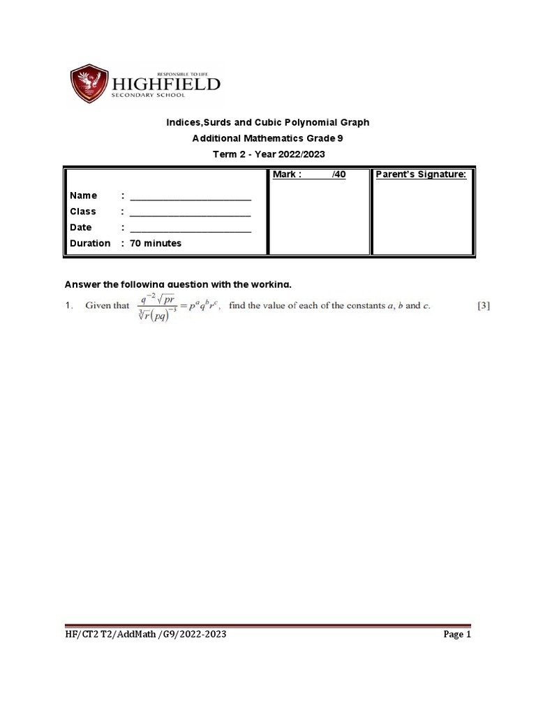 Indices, Surds and Cubic Polynomial Graph 2022-2023 Grade 9 | PDF ...