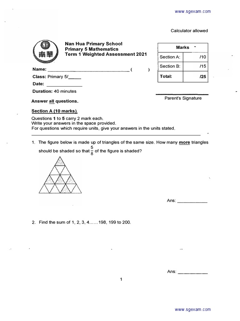 2021 P5 Maths Weighted Assessment 1 Nan Hua | PDF | Mathematics