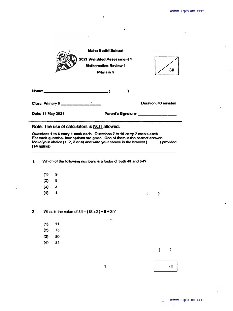 2021-P5-Maths-Weighted Assessment 1-Maha Bodhi | PDF