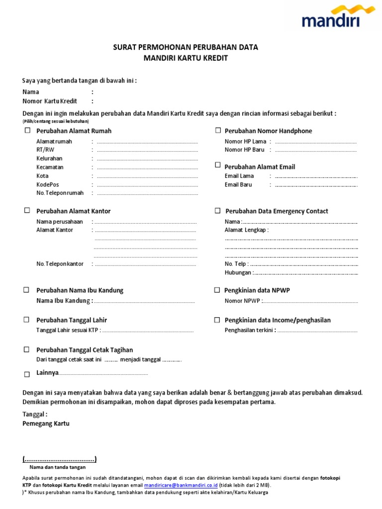 Surat Permohonan Perubahan Data Mandiri Kartu Kredit | PDF
