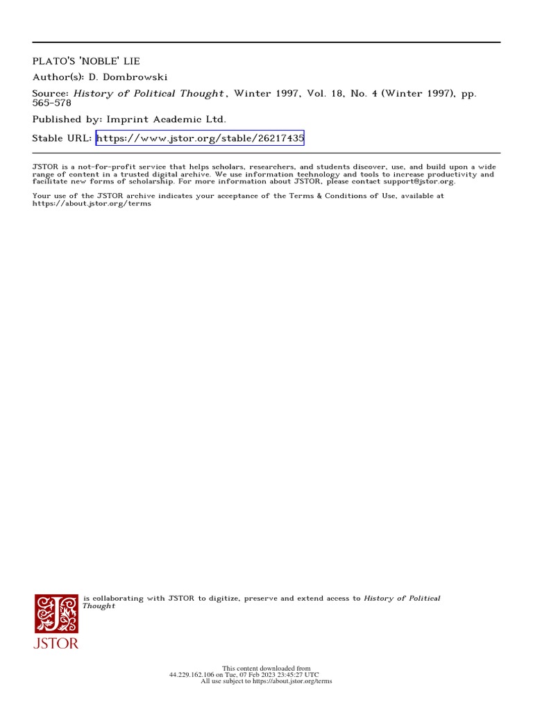 Plato S Noble Lie (Dombrowski) | PDF | Plato | Leo Strauss