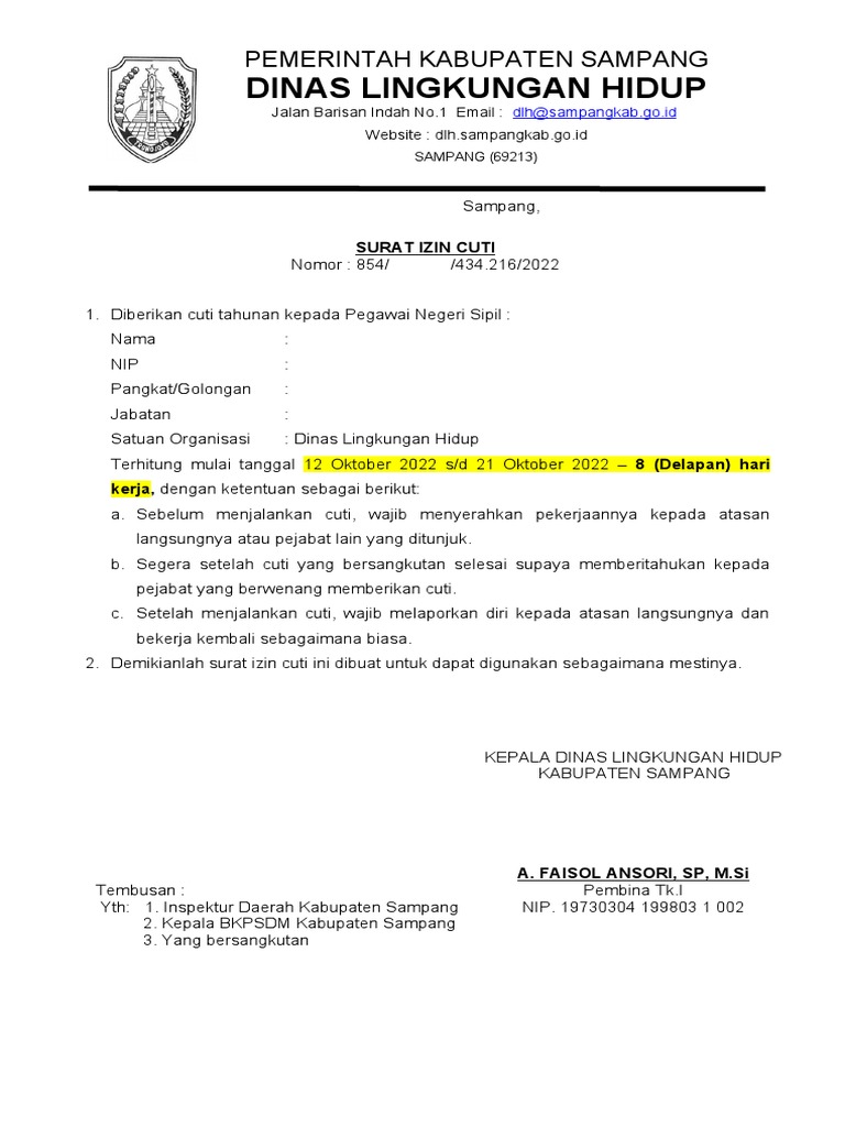 Contoh Surat Izin Cuti PNS Sampang | PDF