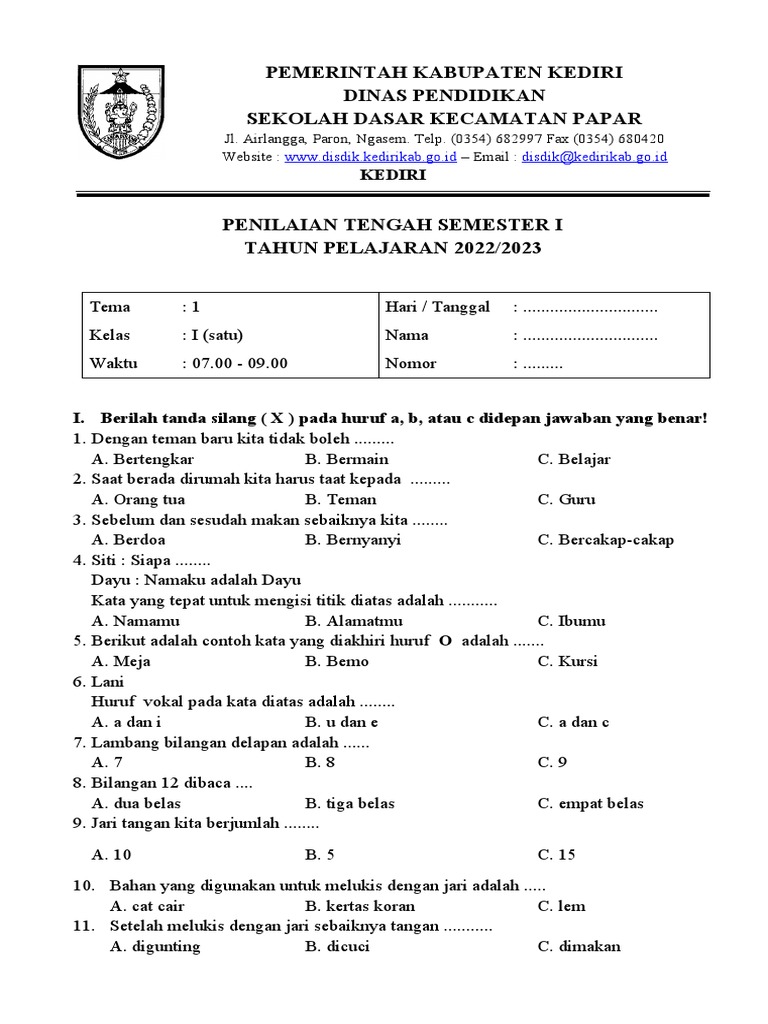 Soal PTS KLS 1 2022 - 2023 | PDF