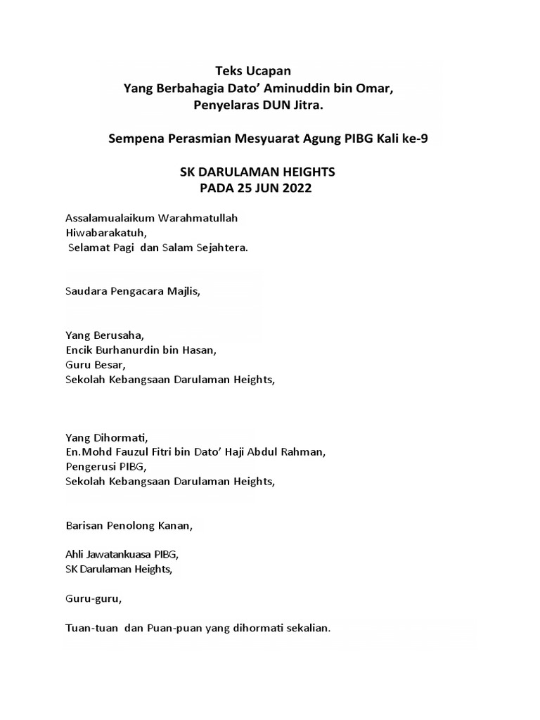 Teks Ucapan Perasmian PIBG 2022 | PDF