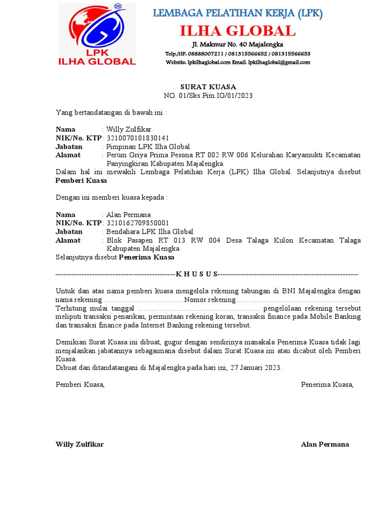 Surat Kuasa Pengelolaan Rekening | PDF