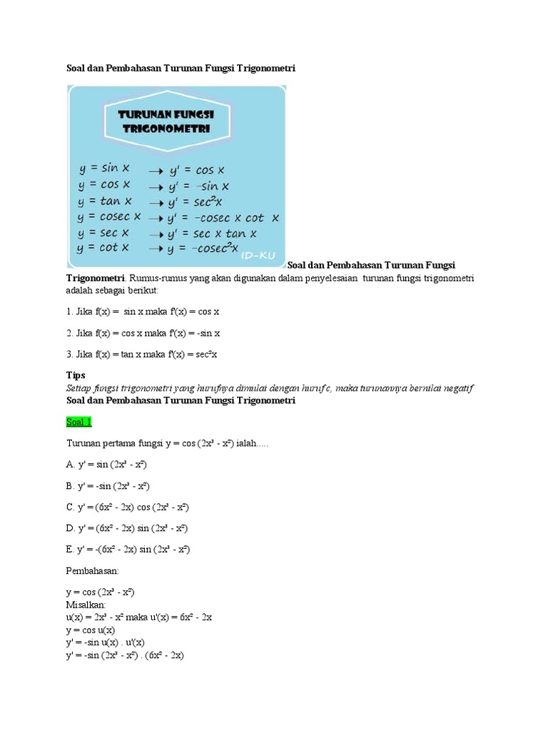 Soal Dan Pembahasan Turunan Fungsi Trigonometri | PDF