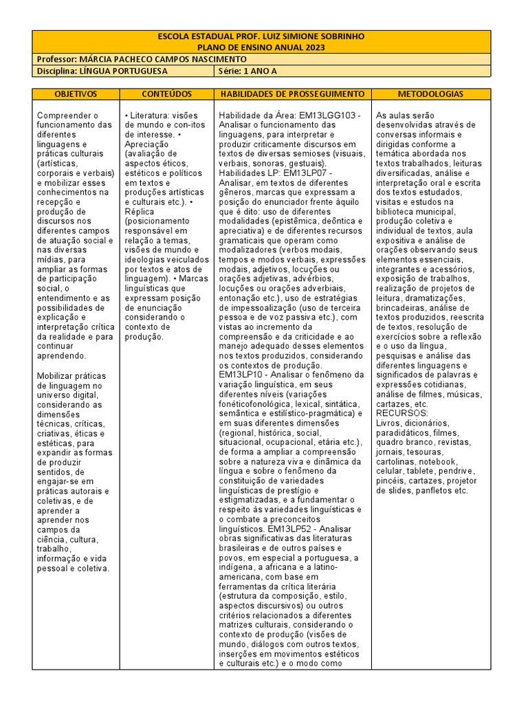 Plano Anual De Ensino 2023 Lingua Portuguesa 1 Ano A Pdf 0336