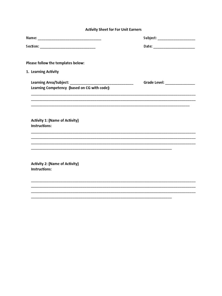 Activity Sheets Project For For Unit Earners | PDF | Cognitive ...